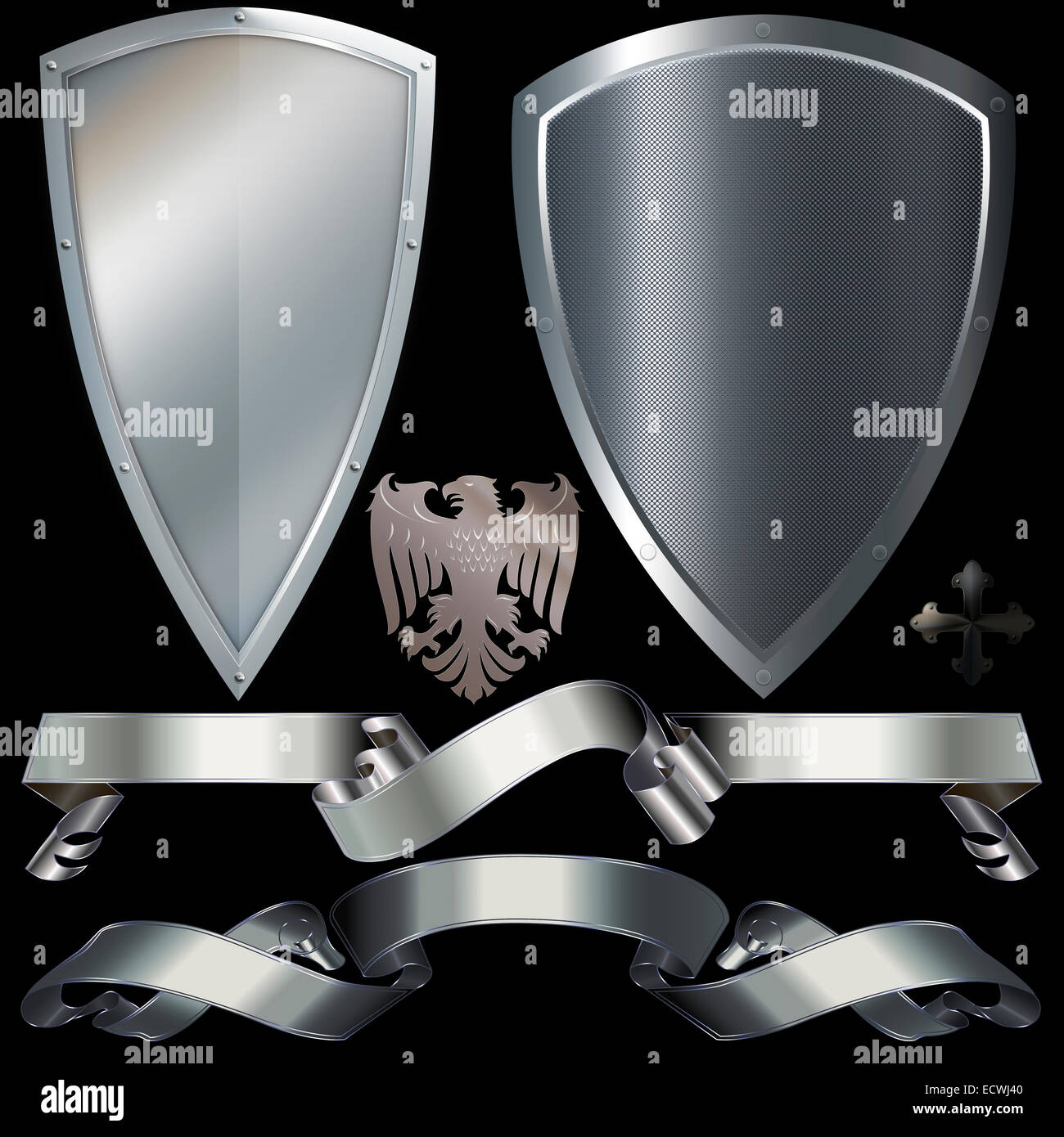 Two shields with two ribbons on a black background and heraldic ...