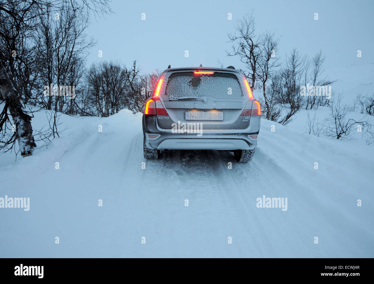 Car driving on snow and ice near the arctic circle in Sweden. Volvo ...