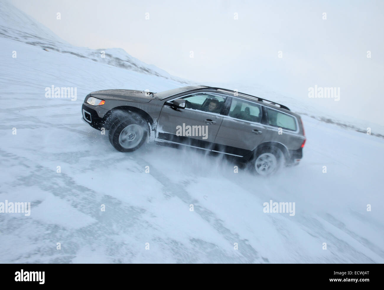 Car driving on snow and ice near the arctic circle in Sweden. Volvo ...