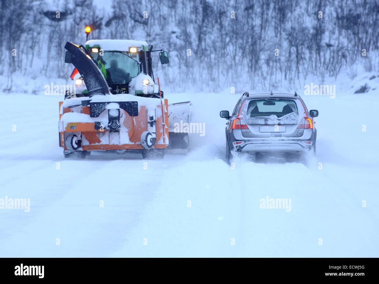 Car driving on snow and ice near the arctic circle in Sweden. Volvo ...