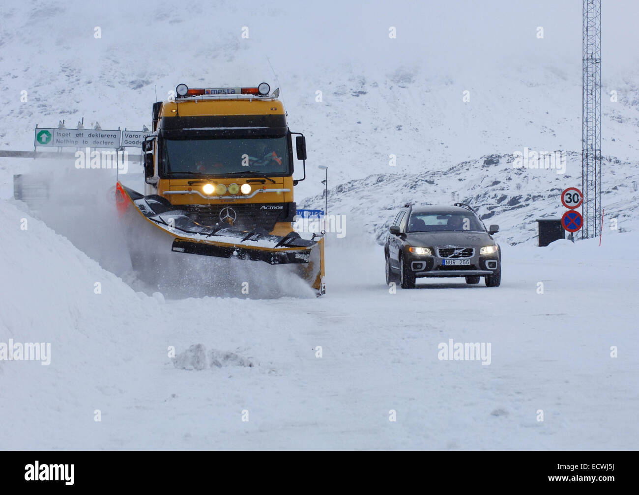 Car driving on snow and ice near the arctic circle in Sweden. Volvo ...