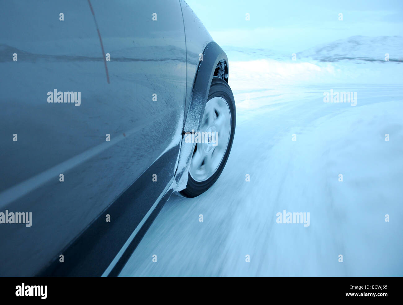Car driving on snow and ice near the arctic circle in Sweden. Volvo ...