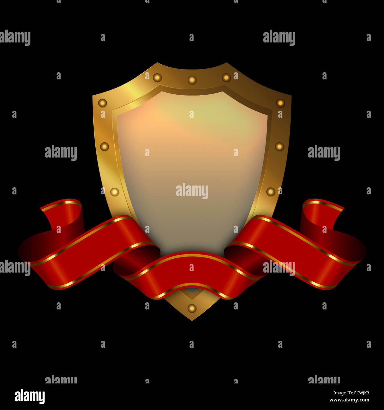 Medieval gold riveted shield and gold ribbon on black background Stock ...