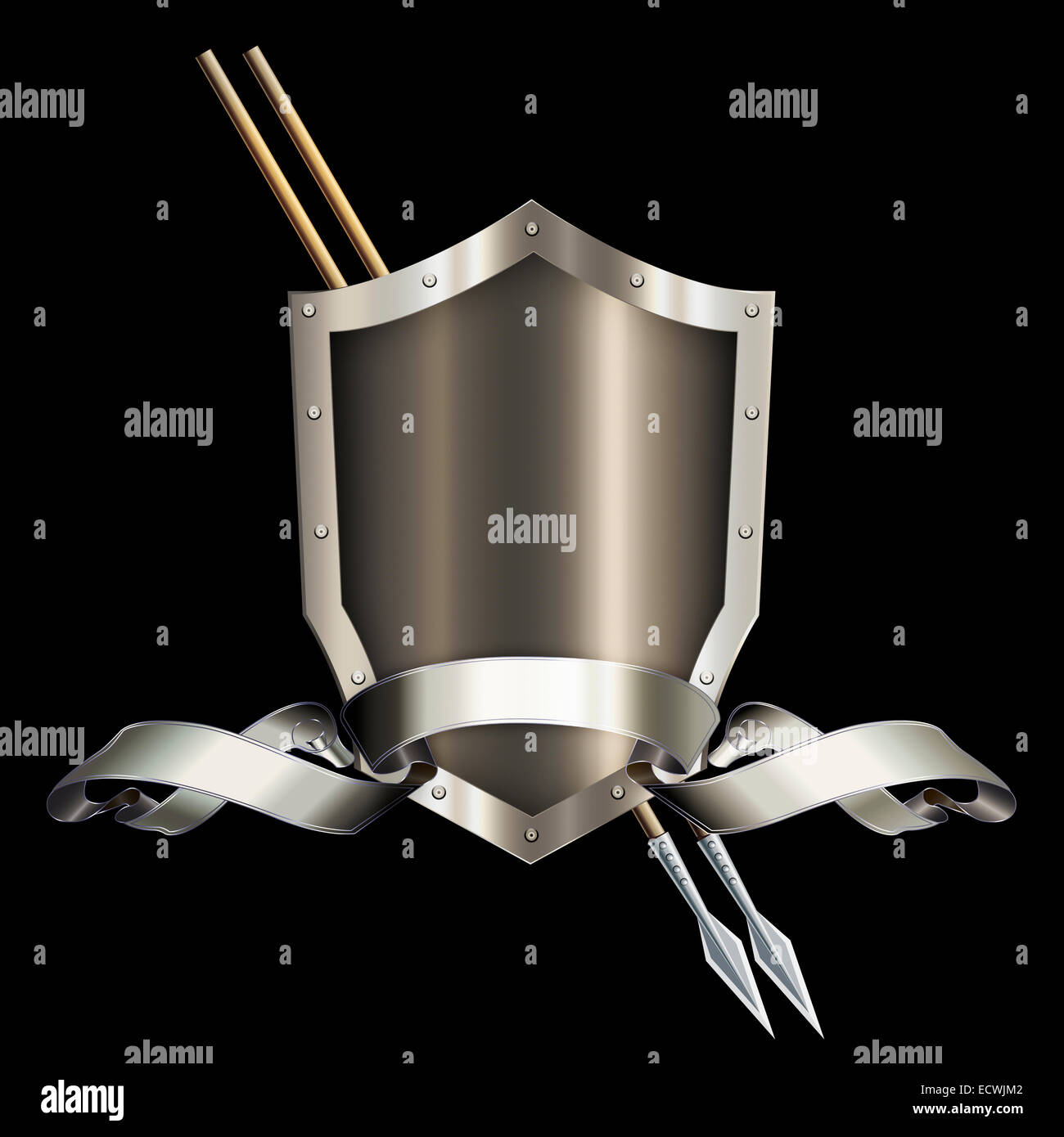 Abstract chrome shield with spears and banner on a black background ...