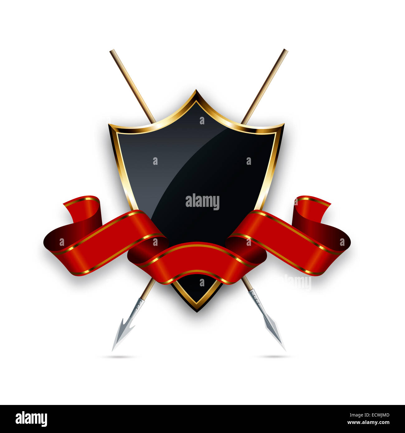 Medieval gold shield with two spears and red ribbon on a white ...
