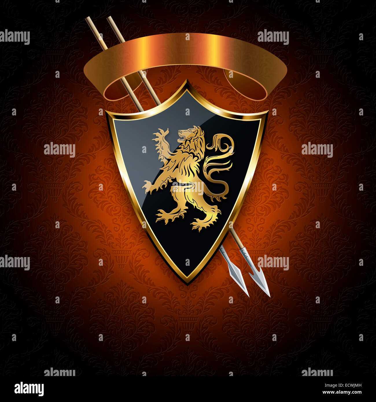 Medieval gold shield and heraldic elements on a dark red background ...