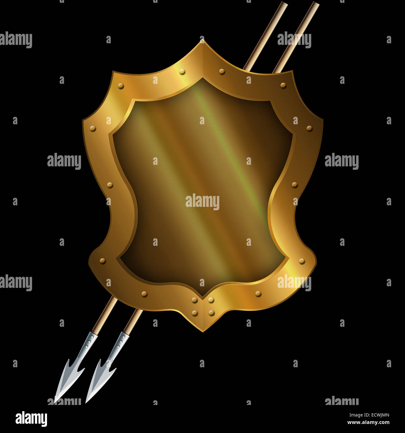 Medieval gold shield with two spears on a black background Stock Photo ...