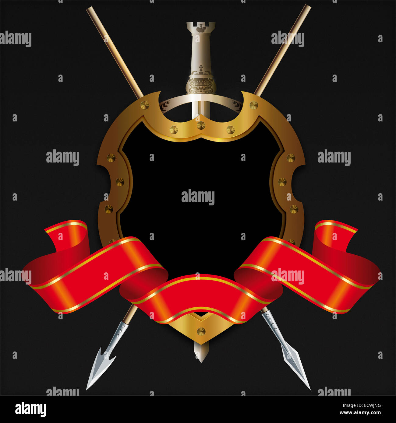 Gold medieval shield spears,sword and red banner for the design Stock ...