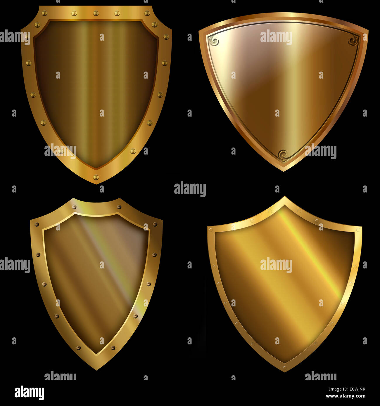 Medieval golden shields set on a black background Stock Photo - Alamy
