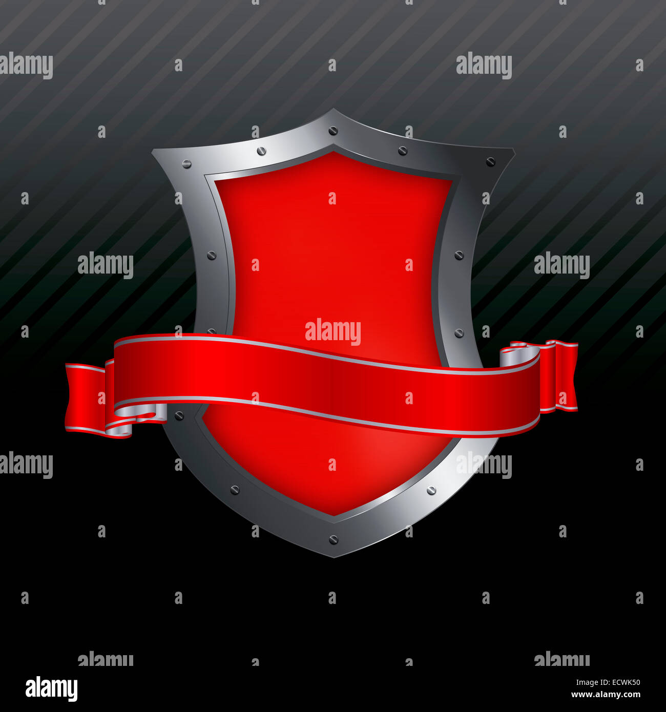 Red shield with chrome riveted border and red banner on a black ...