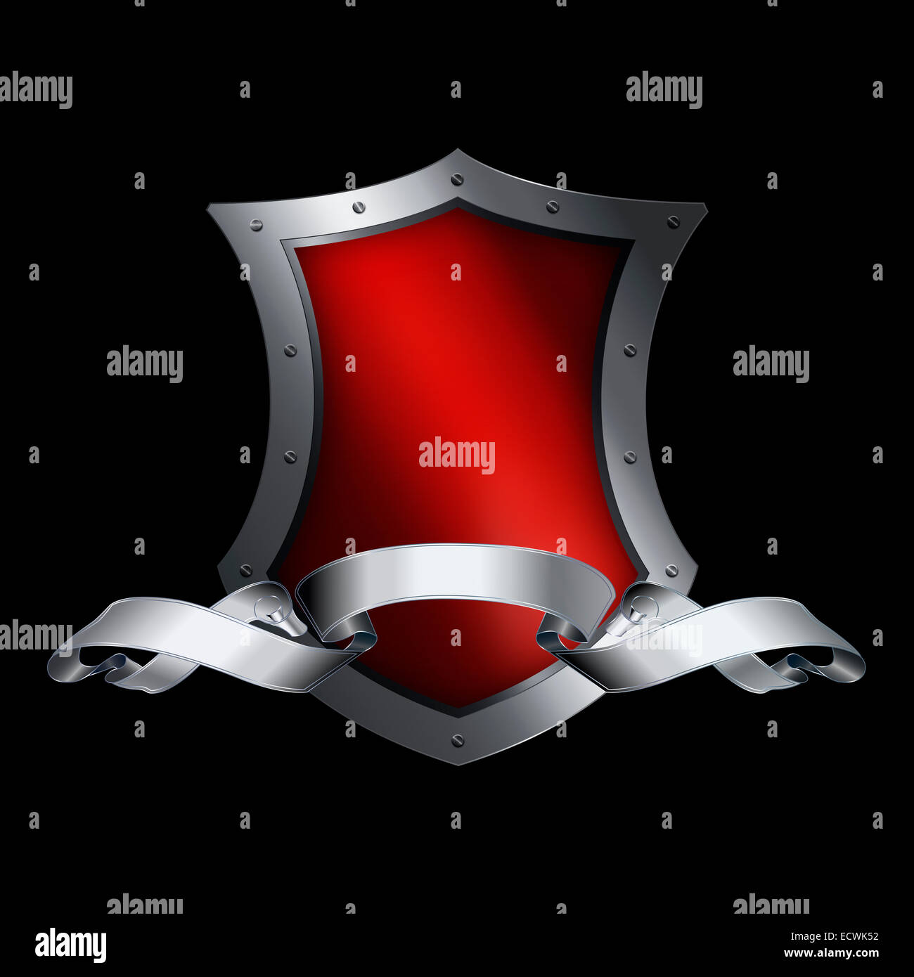 Red shield with chrome riveted border and silver banner on a black ...