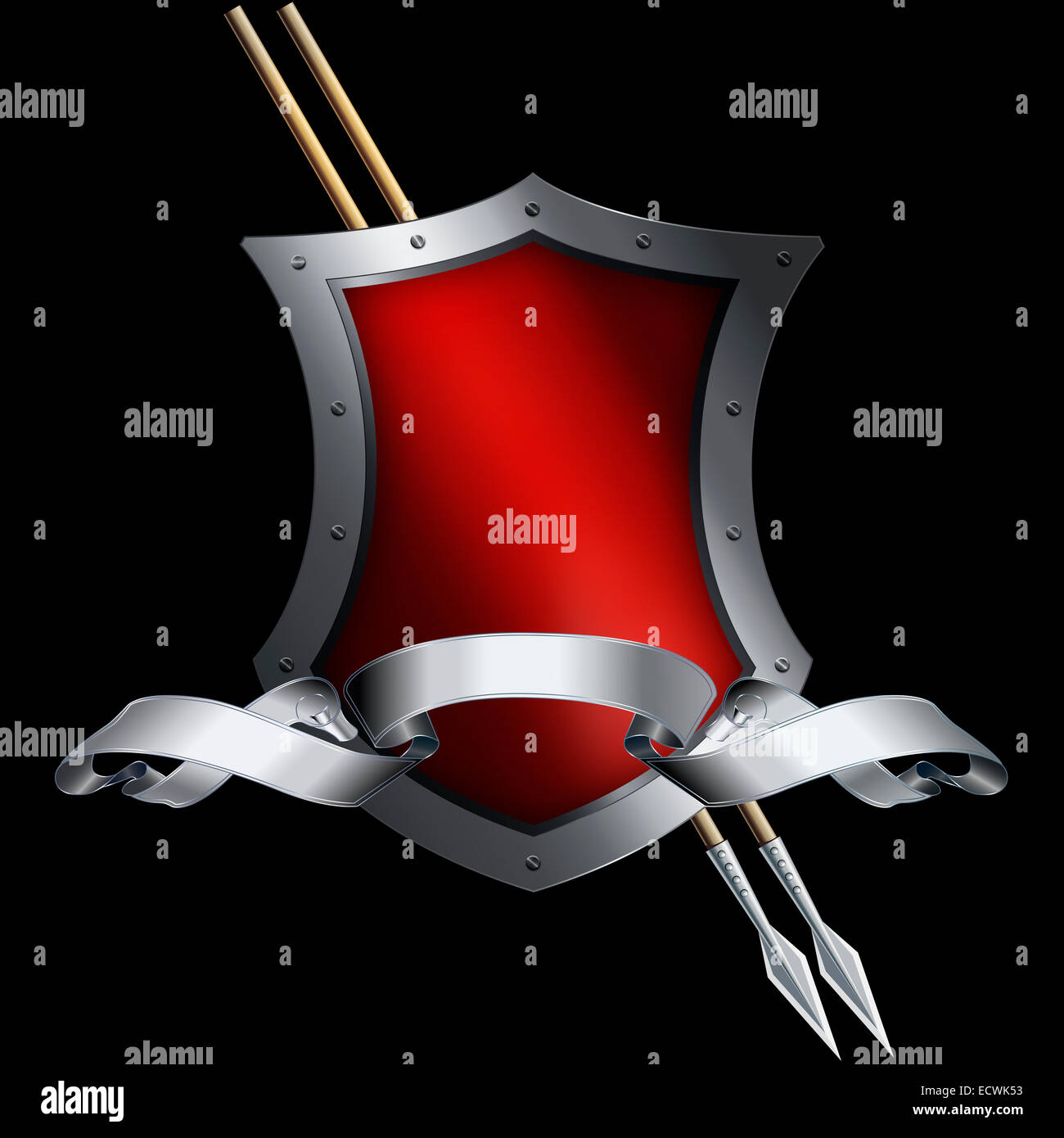 Red shield with chrome riveted border and silver banner on a black ...