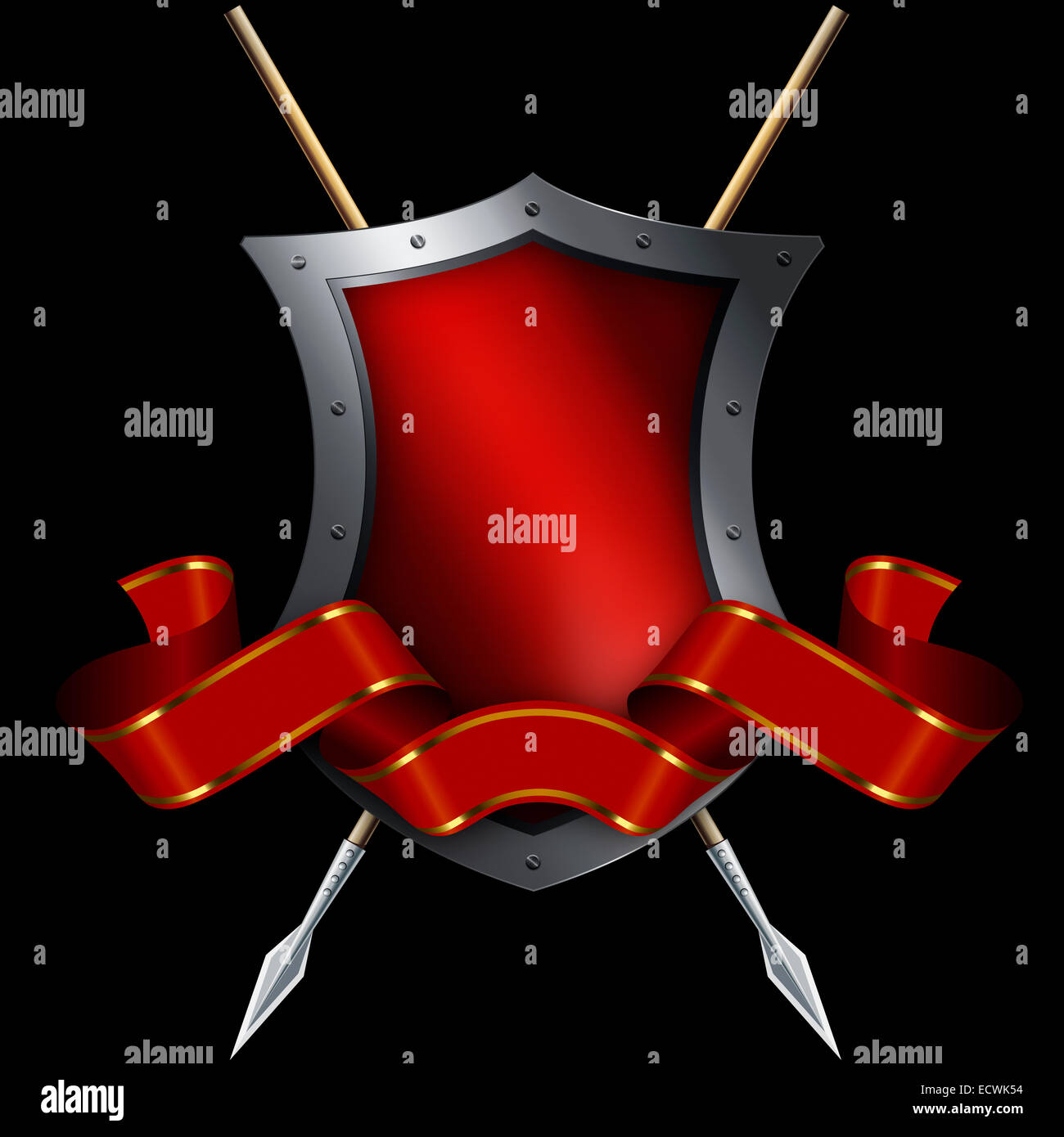 Red shield with chrome riveted border and red banner on a black ...