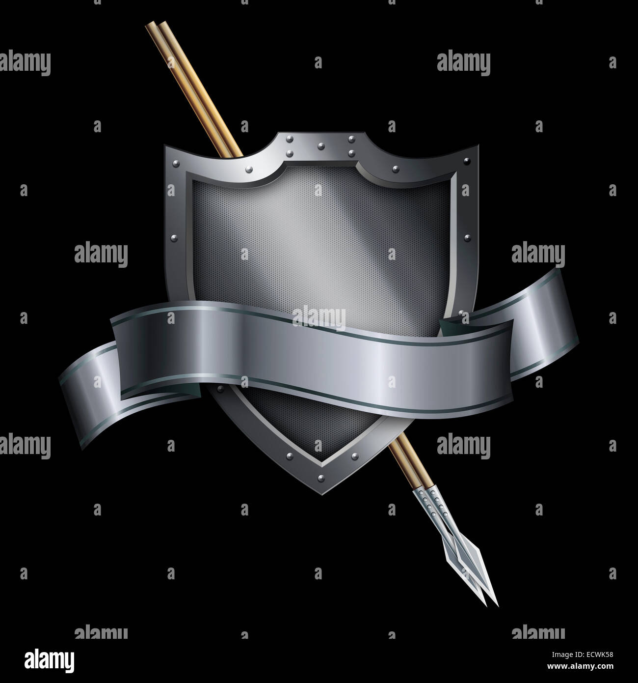 Medieval shield with chrome riveted border and silver ribbon on black ...