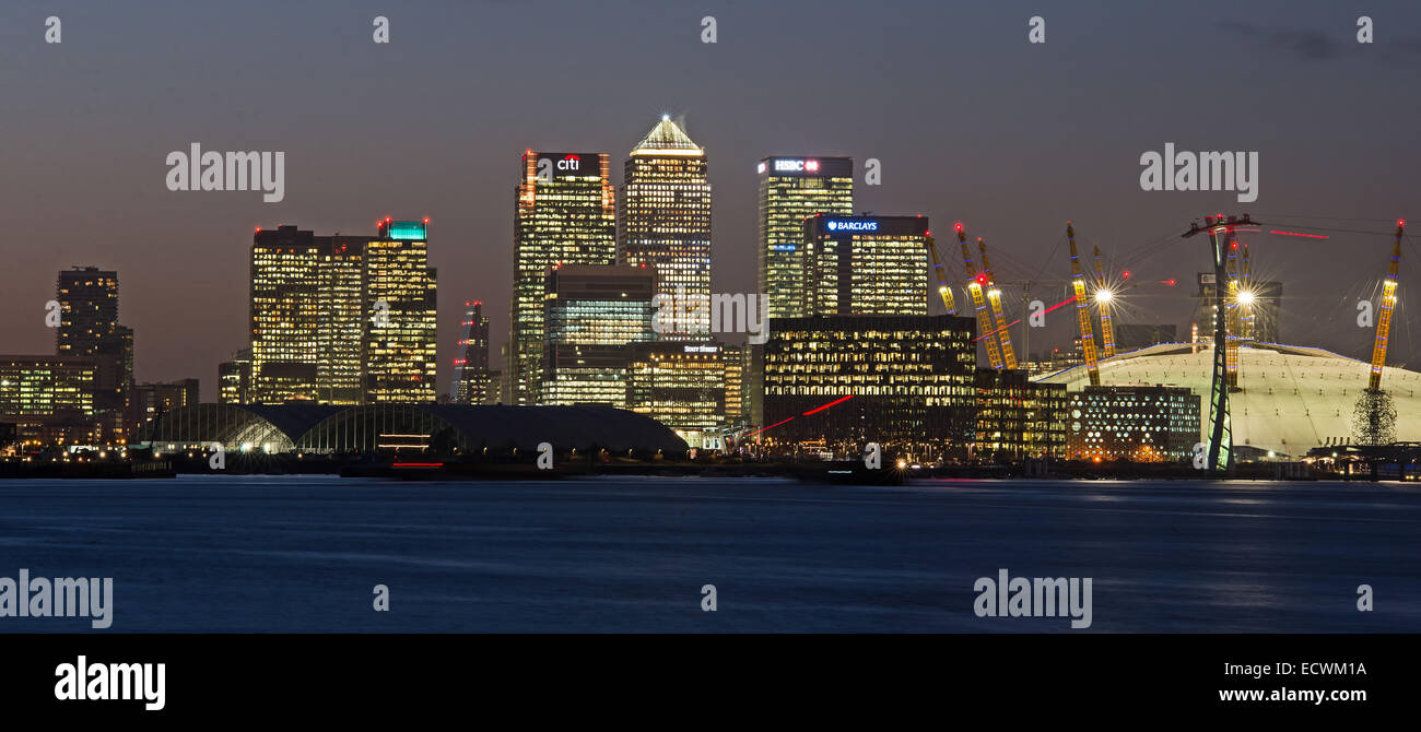 Canary Wharf and O2 building a night Stock Photo - Alamy