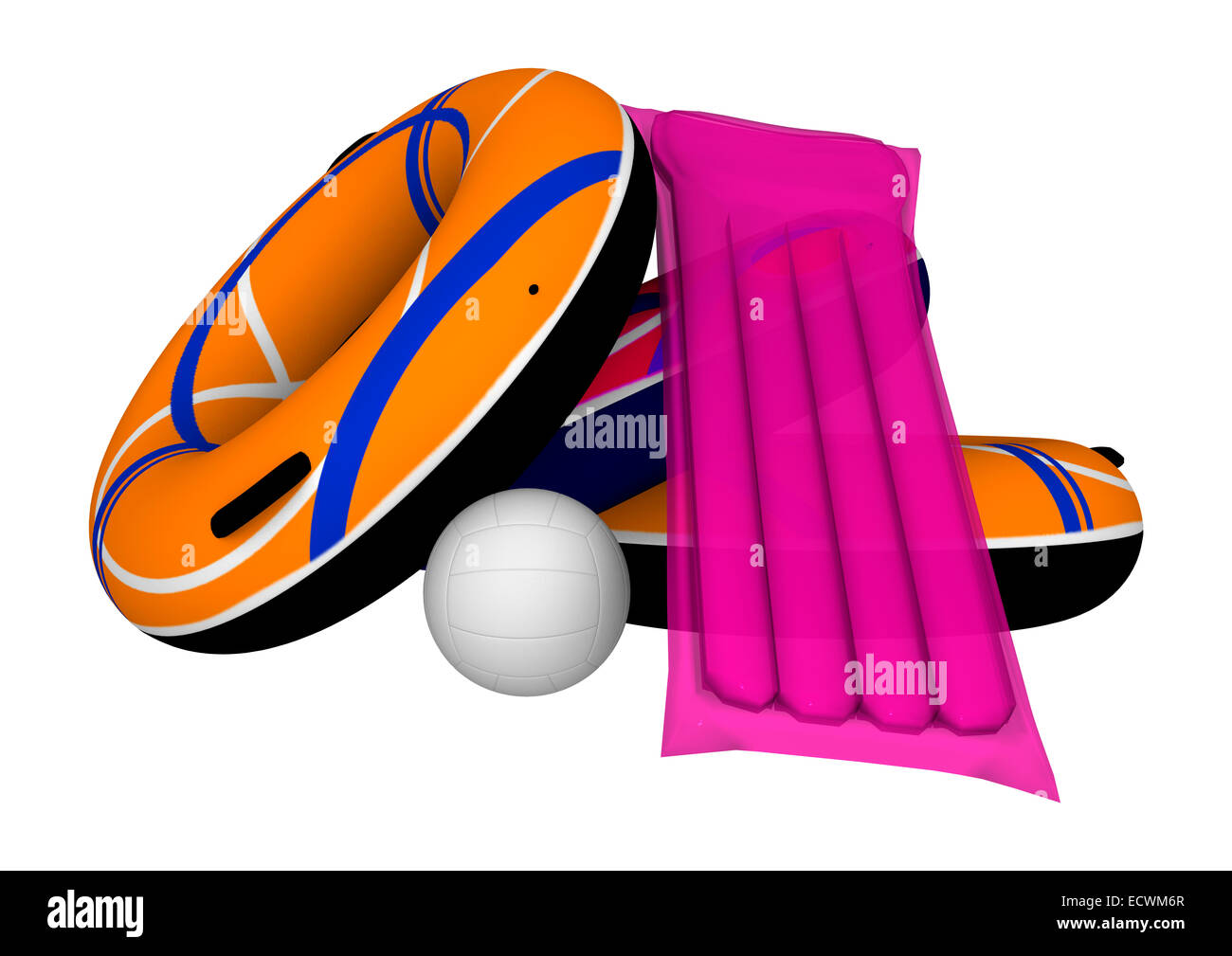 3D digital render of inflatable tubes, a raft and a ball isolated on ...
