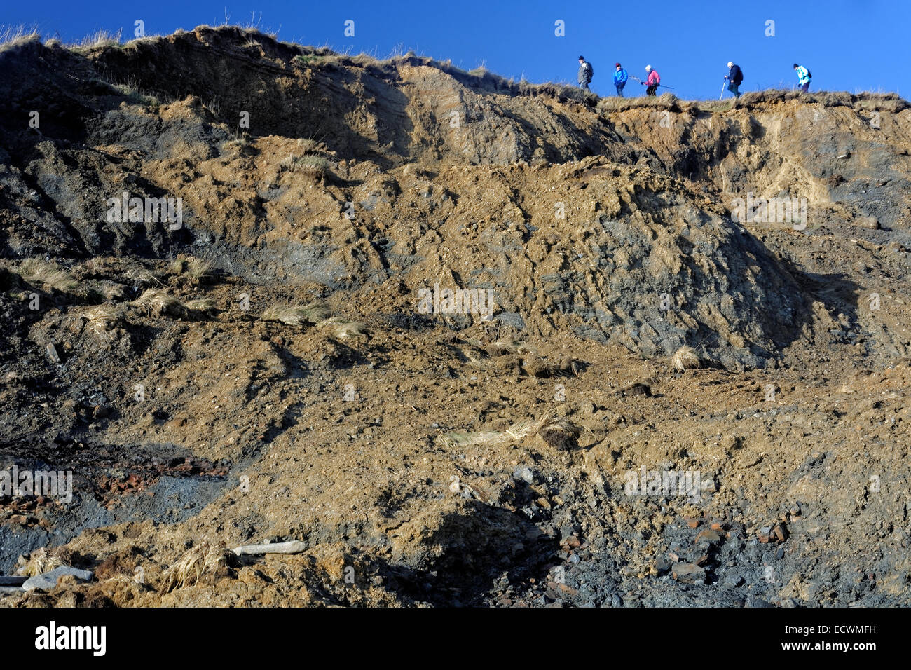 Walkers at the top of a clay/chalk cliff liable to collapse on the ...