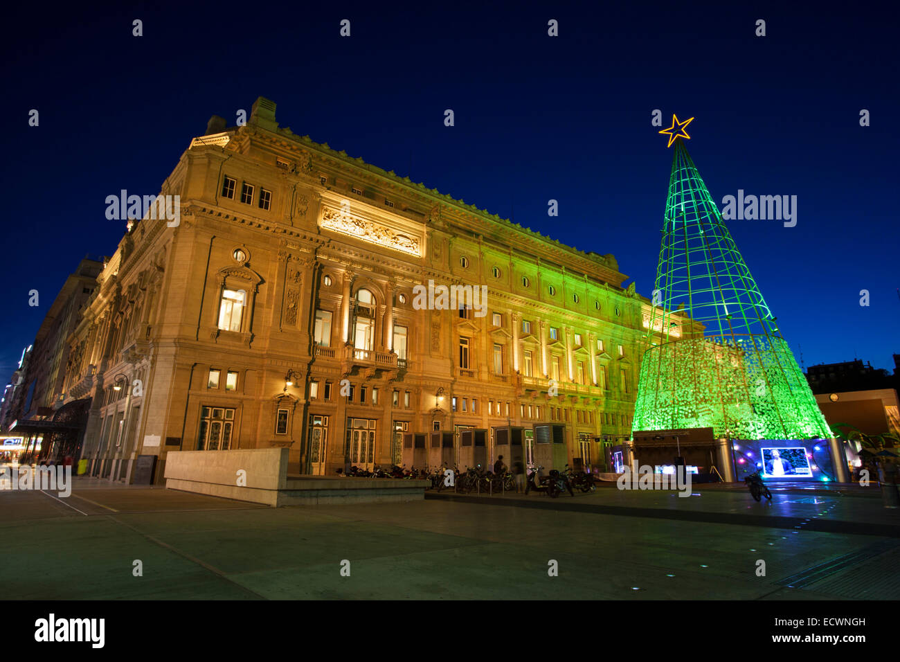 A giant Christmas tree beside the "Colon Theatre" at night. Buenos ...