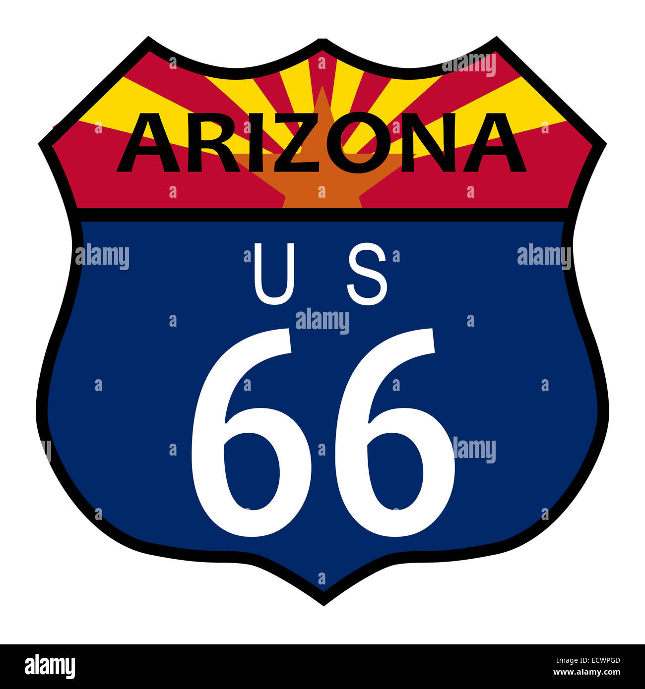 Route 66 traffic sign over a white background and the state name ...