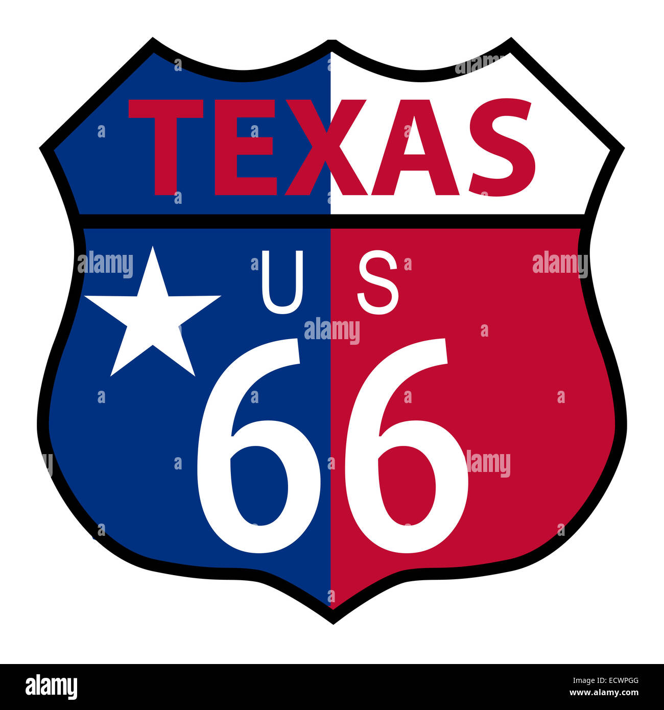 Route 66 traffic sign over a white background and the state name Texas ...