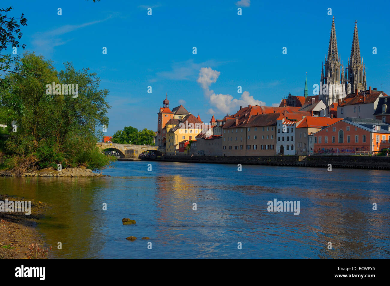 Regensburg, Stone bridge, Danube River, S. Peter Cathedral, Ratisbone ...