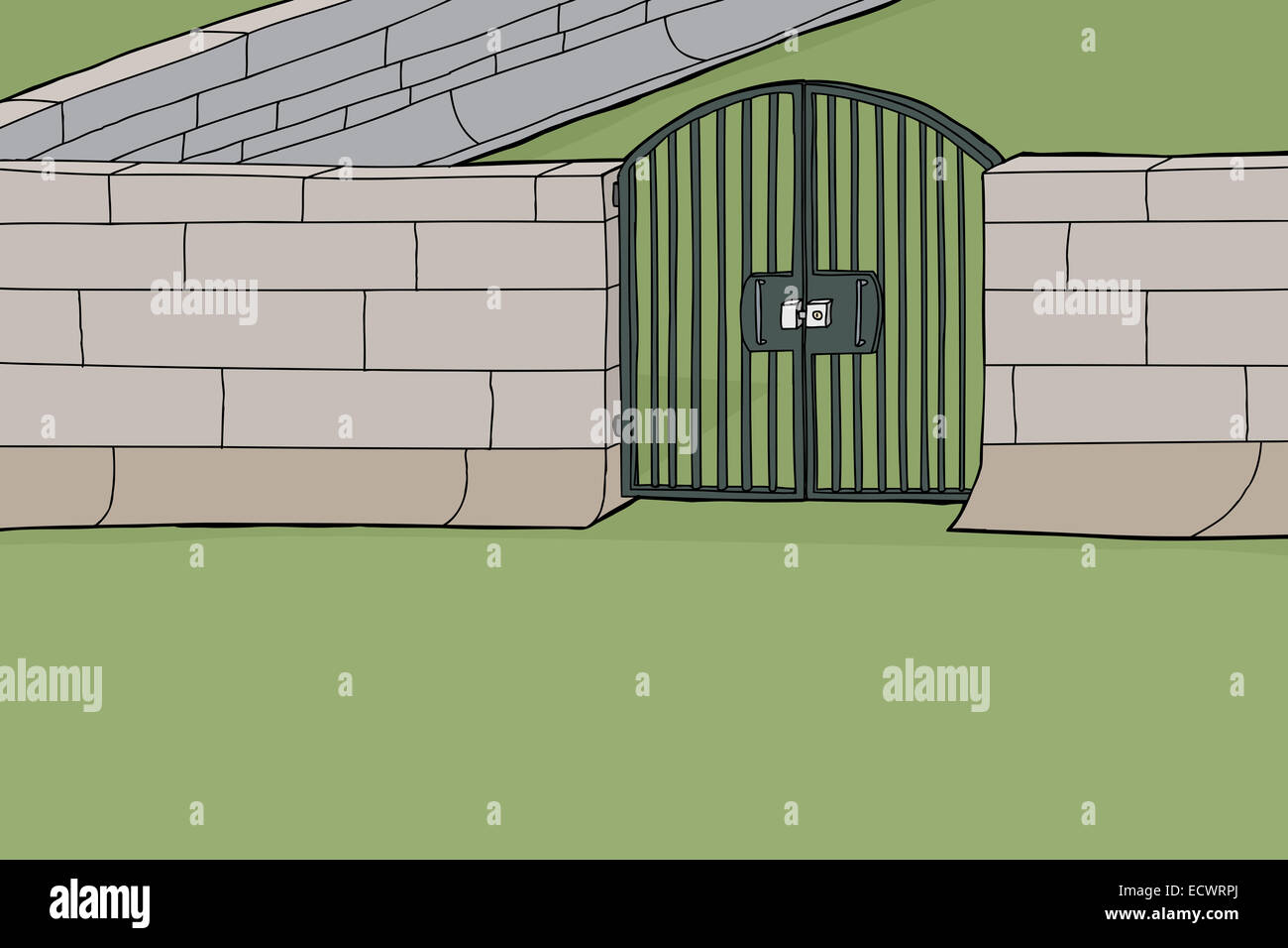 Cartoon background of locked gate in wall Stock Photo - Alamy