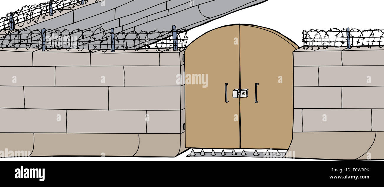 Large doors on prison wall with barbed wire Stock Photo - Alamy