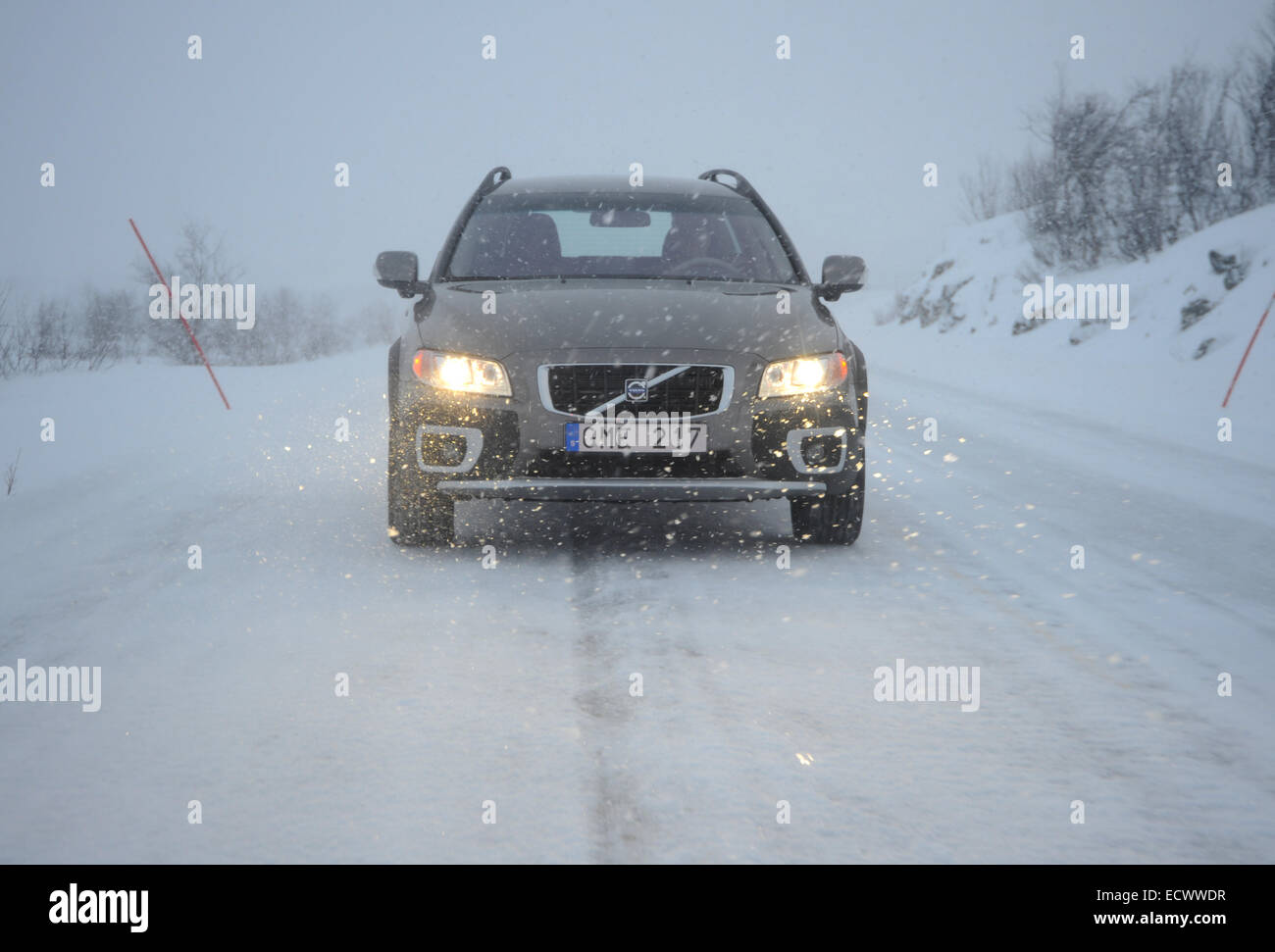 Car driving on snow and ice near the arctic circle in Sweden. Volvo ...