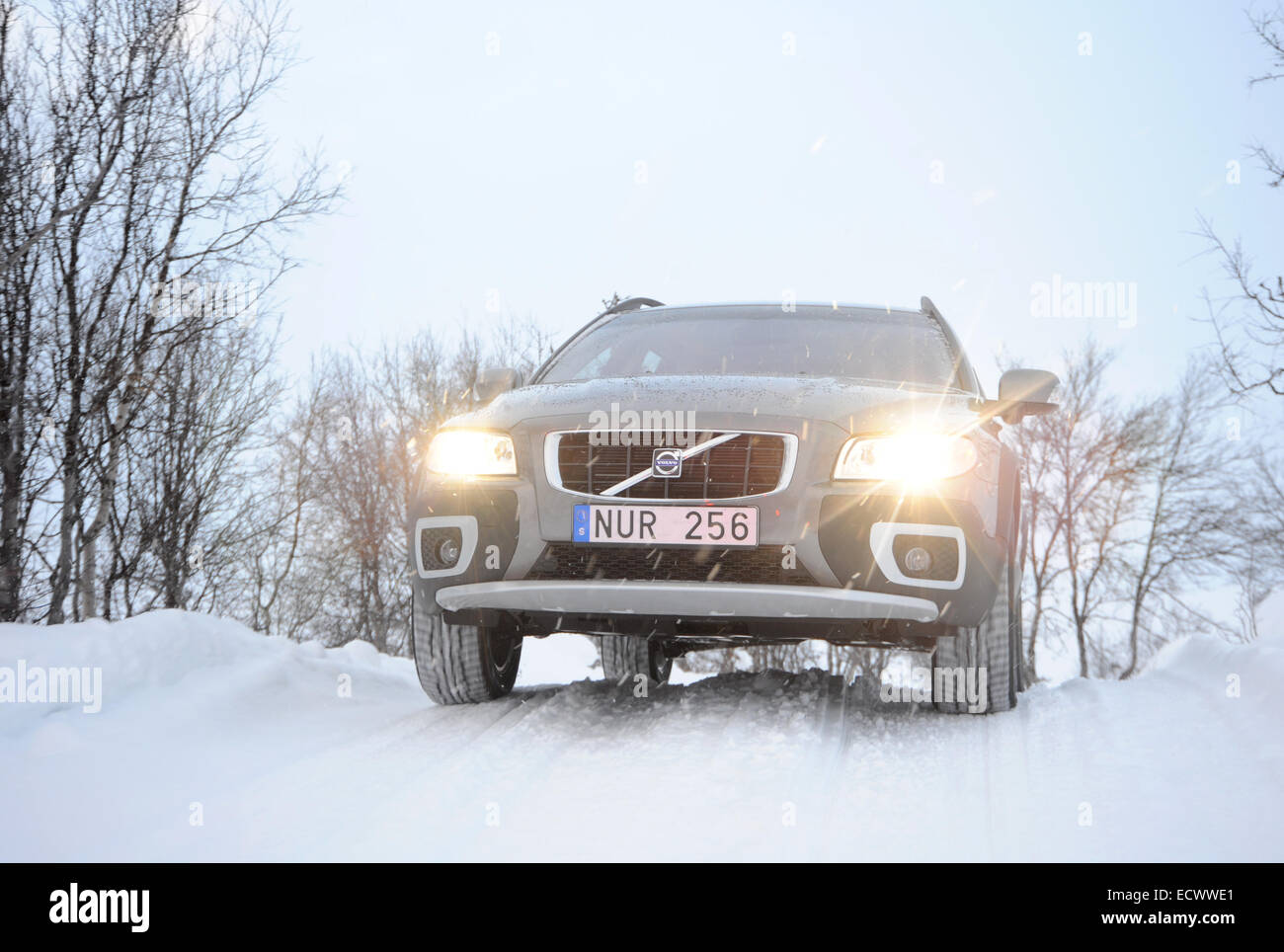 Car driving on snow and ice near the arctic circle in Sweden. Volvo ...