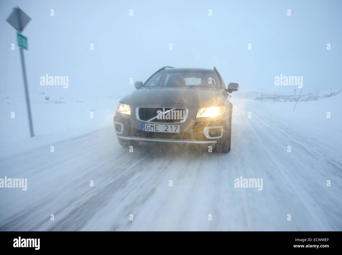 Car driving on snow and ice near the arctic circle in Sweden. Volvo ...