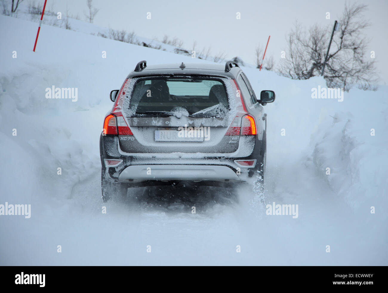 Car driving on snow and ice near the arctic circle in Sweden. Volvo ...