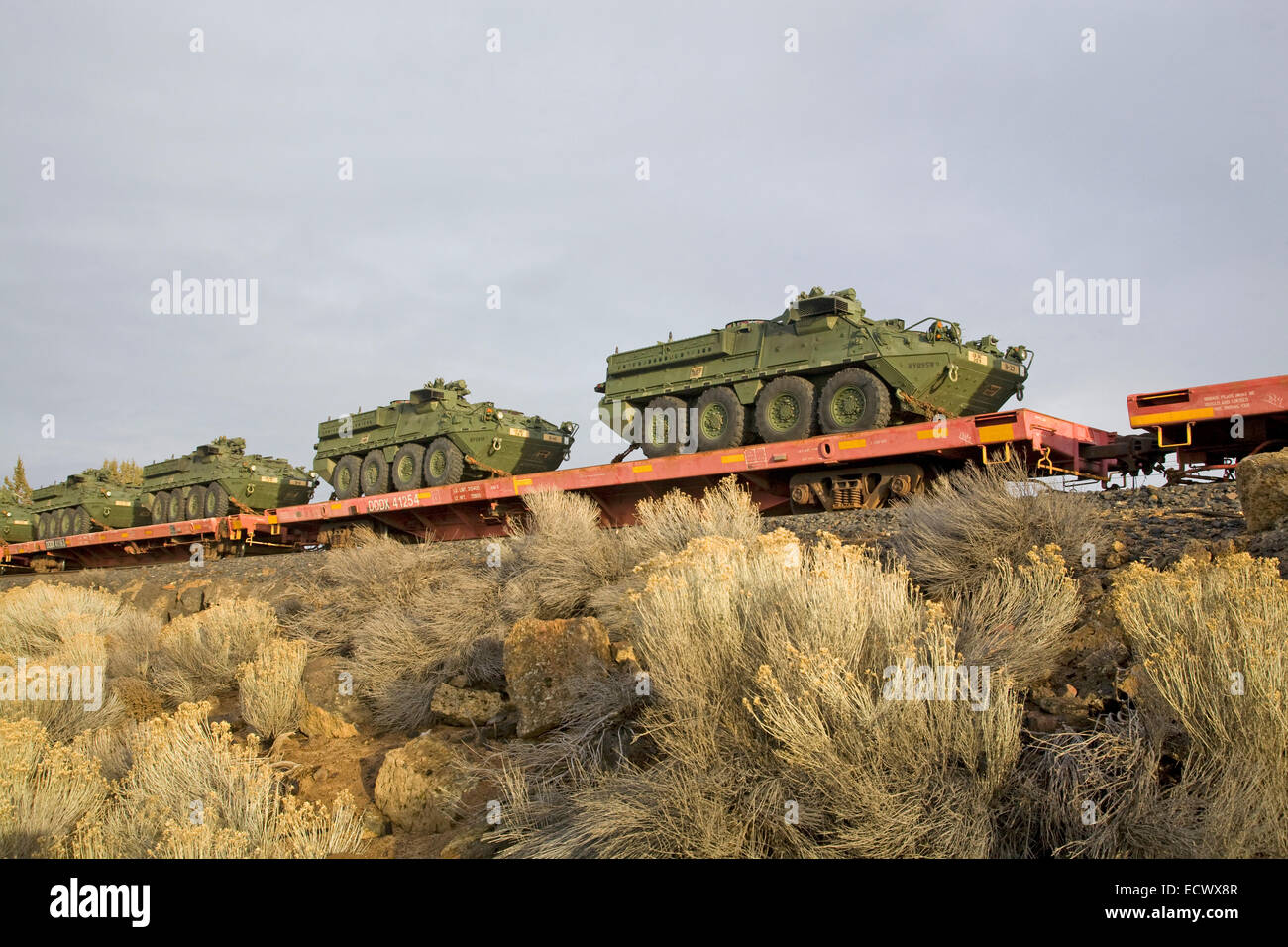 Army personnel carriers and other army vehicles aboard a freight train ...