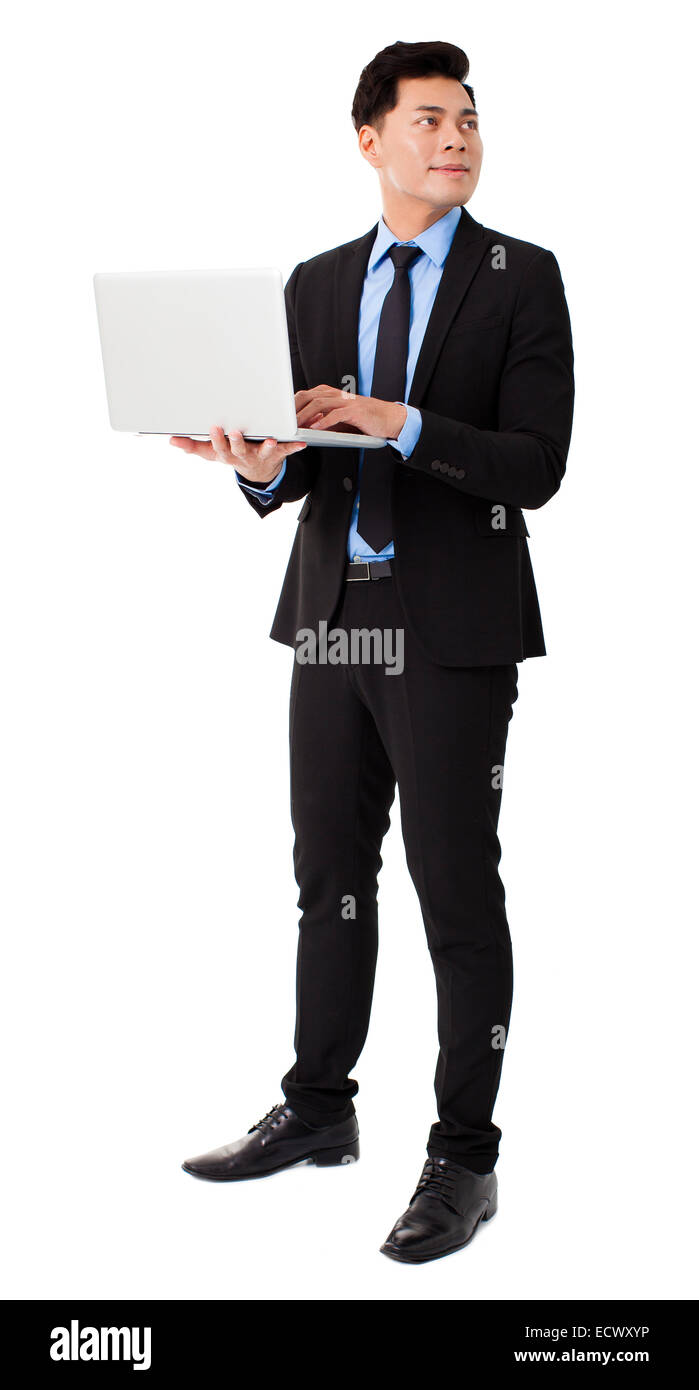 young businessman holding laptop and isolated on white Stock Photo - Alamy