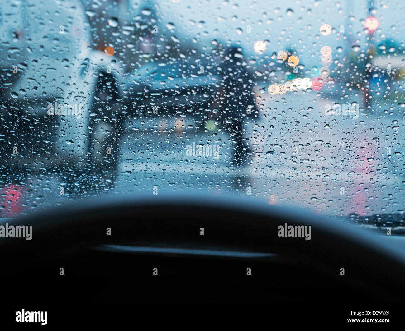 Poor visibility driving conditions in heavy rain; drivers point of view ...