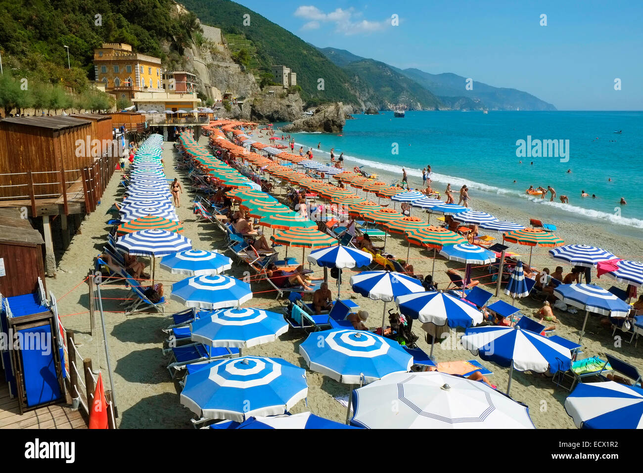 Monterosso Beach Umbrellas Cinque Terre Italy Italian Riviera Liguria Europe Ligurian Sea Stock ...