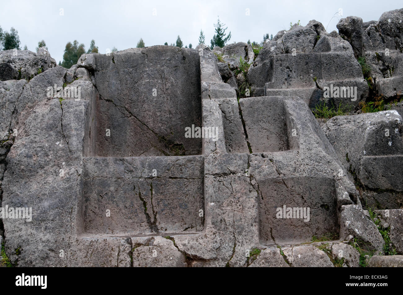 ancient throne of the Incas in the temple of Lightning near Cusco Stock ...