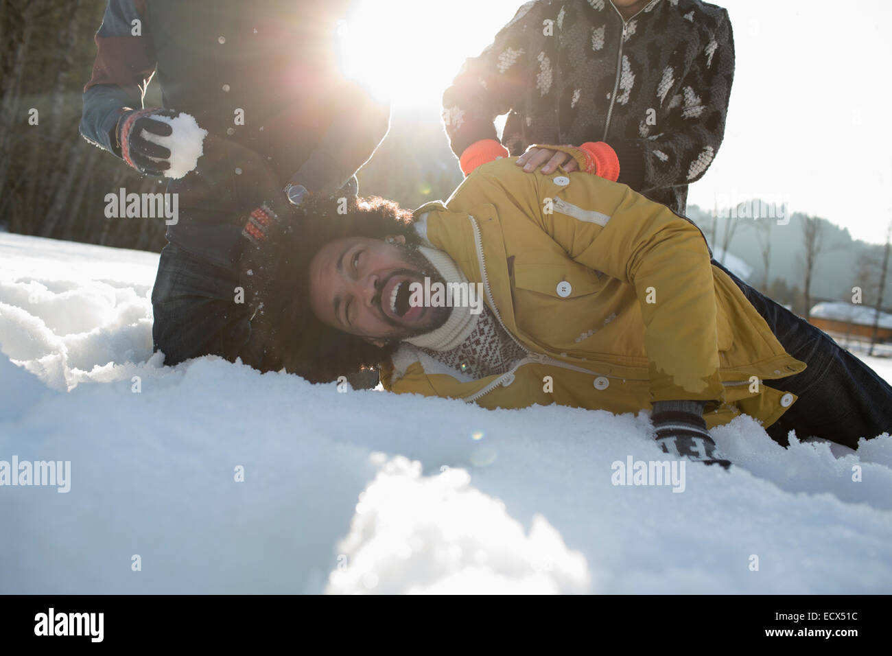 Friends enjoying snowball fight Stock Photo - Alamy