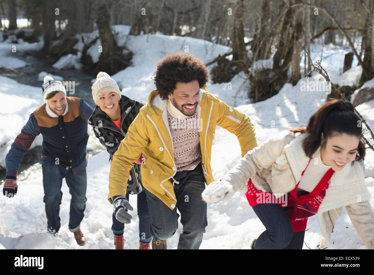 Friends playing in snow Stock Photo - Alamy