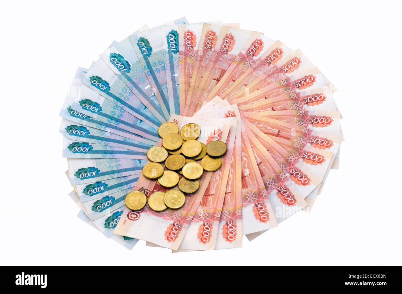 Cash notes and coins arranged in a circle Stock Photo - Alamy