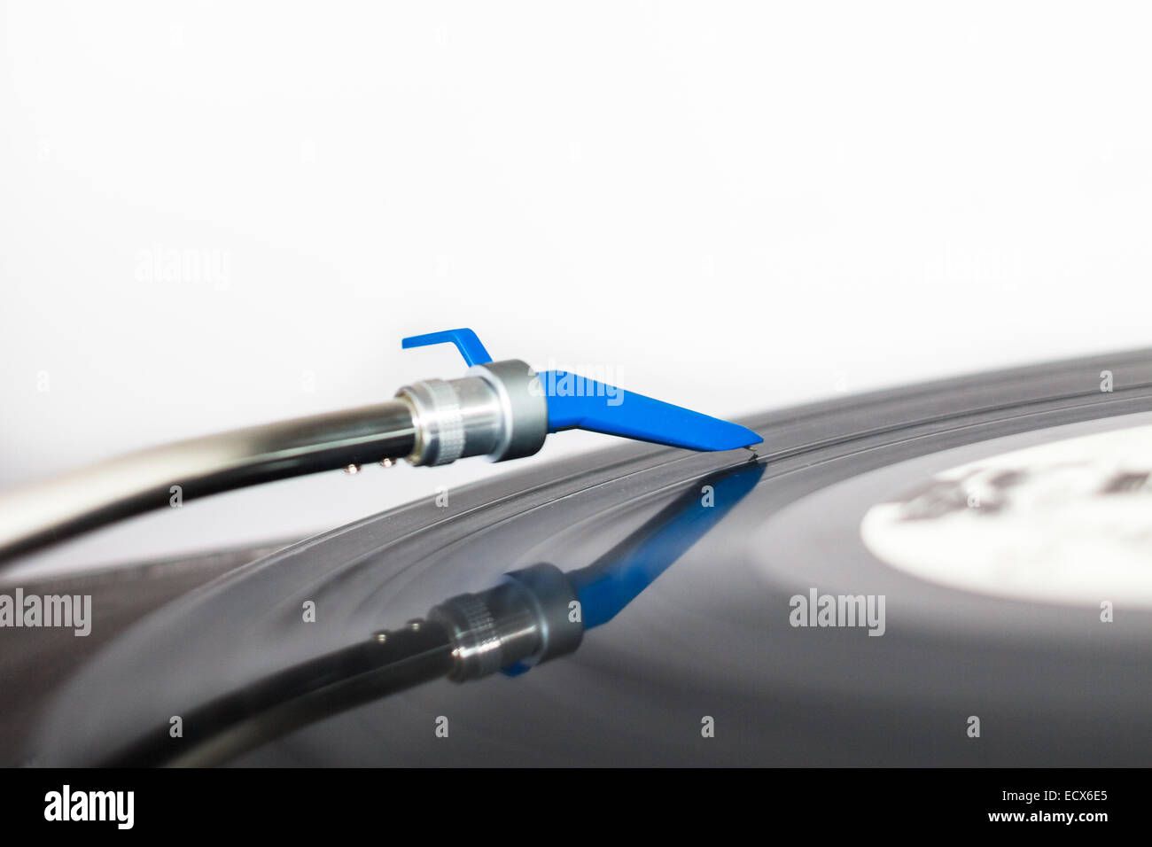 Closeup of a DJ needle on black vinyl record on a classic turntable ...