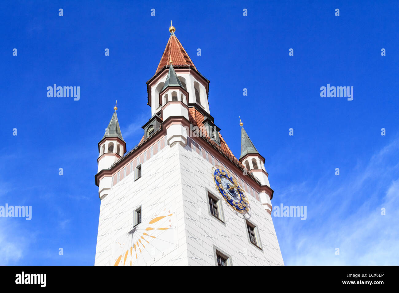 Historic bell tower with sundial in Munich, Germany Stock Photo - Alamy