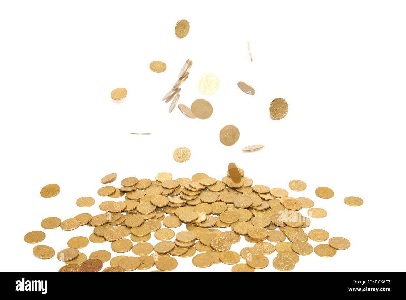Rain of golden coins isolated on white Stock Photo - Alamy