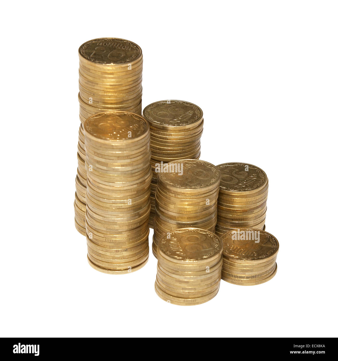 Column of golden coins isolated on white Stock Photo - Alamy