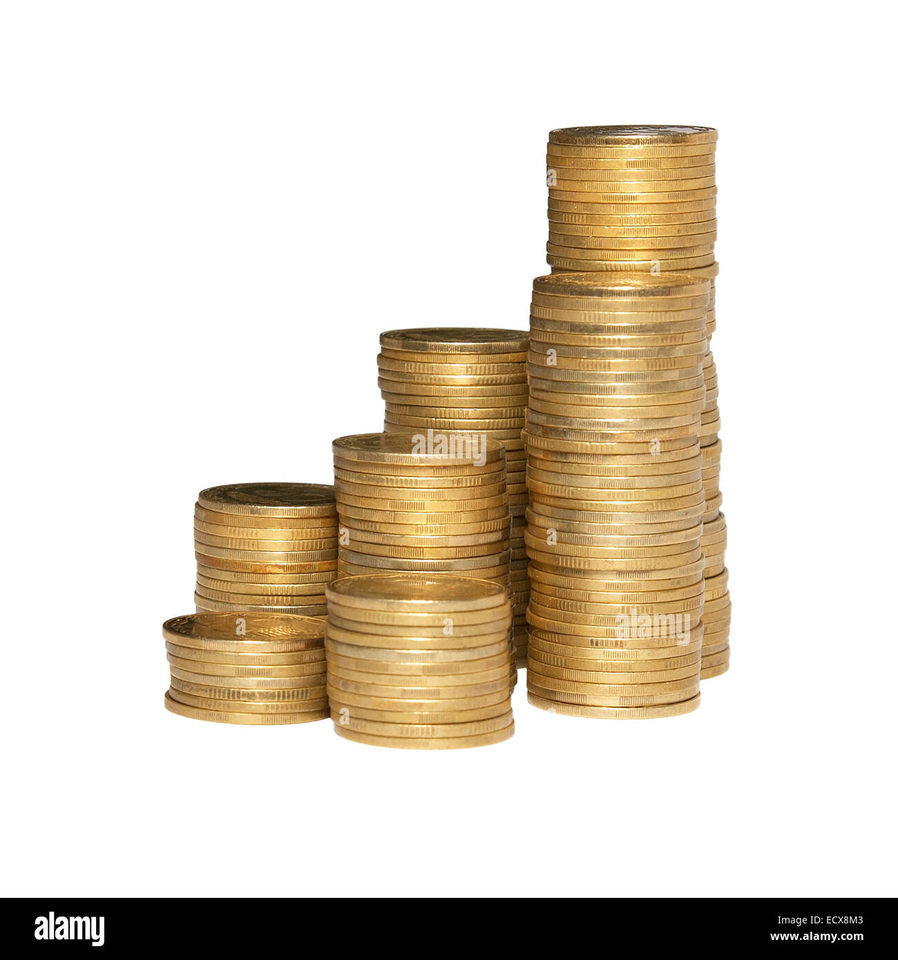 Column of golden coins isolated on white Stock Photo - Alamy