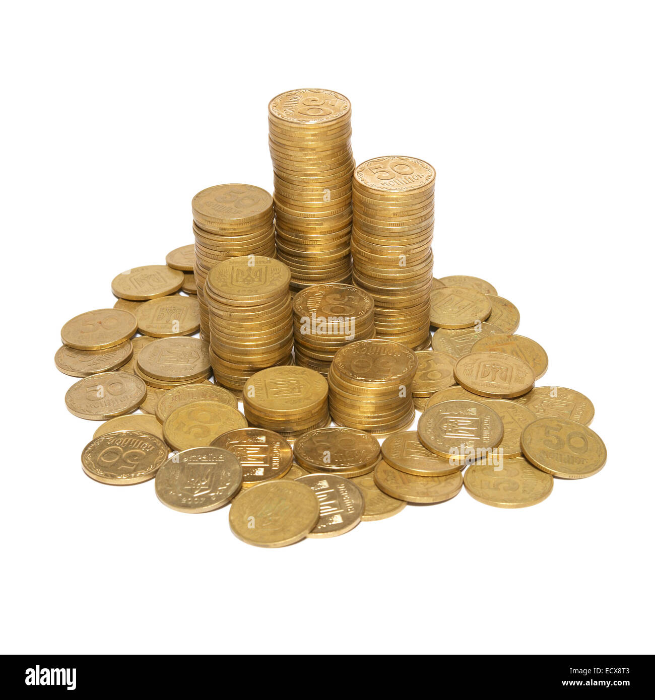 Column of golden coins isolated on white Stock Photo - Alamy