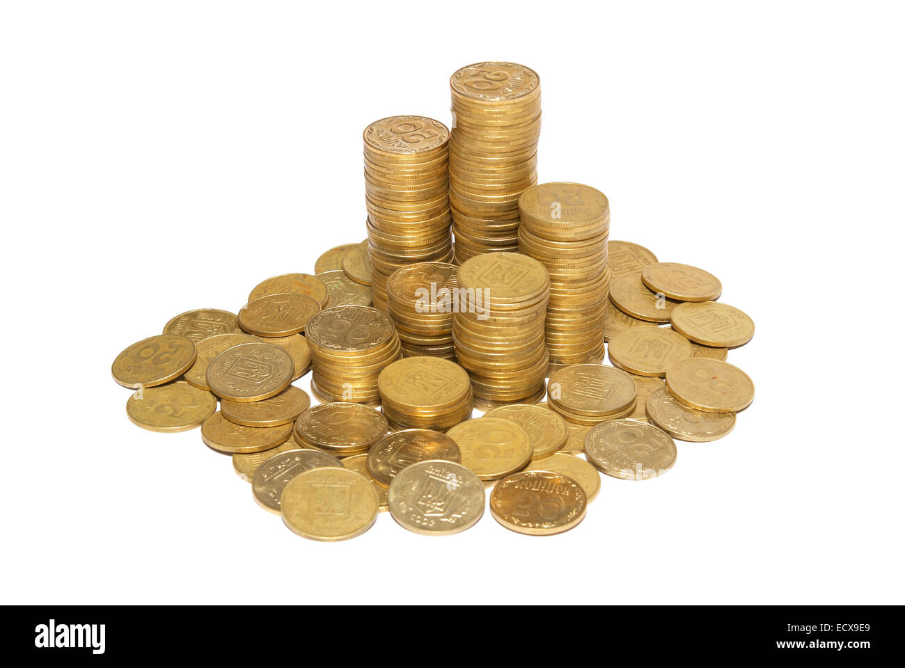Column of golden coins isolated on white Stock Photo - Alamy