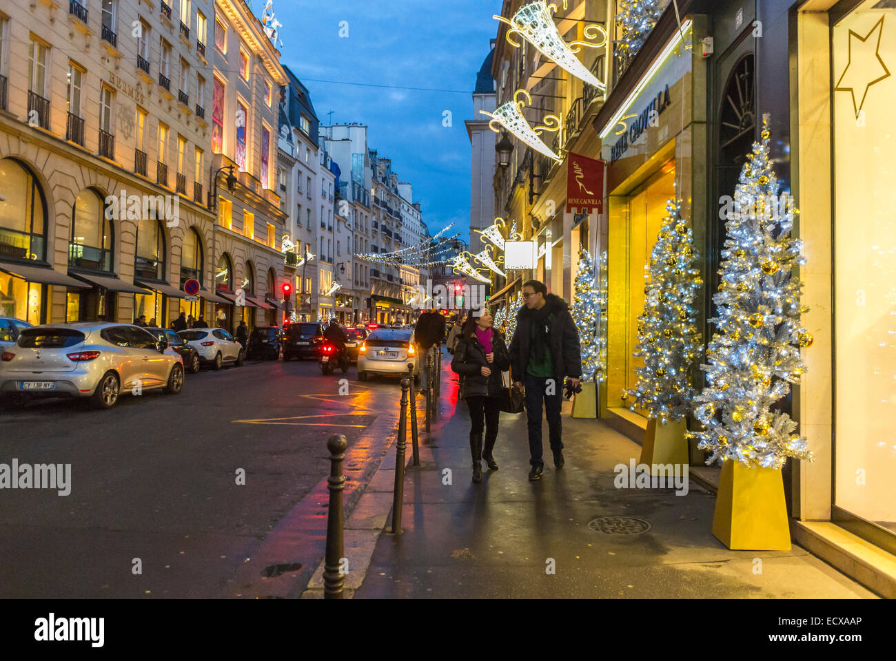 Paris, Street, Couple Walking Enjoying Christmas lights, Outside Night ...