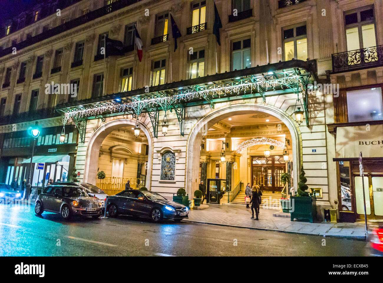 Paris, France, Luxury Hotel exterior, front door lights Outside Street ...