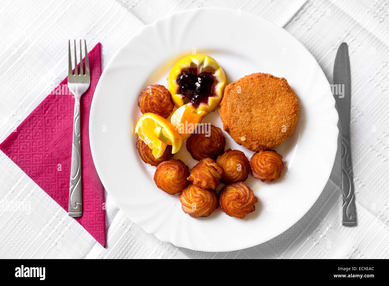 Food on white tablecloth Stock Photo - Alamy