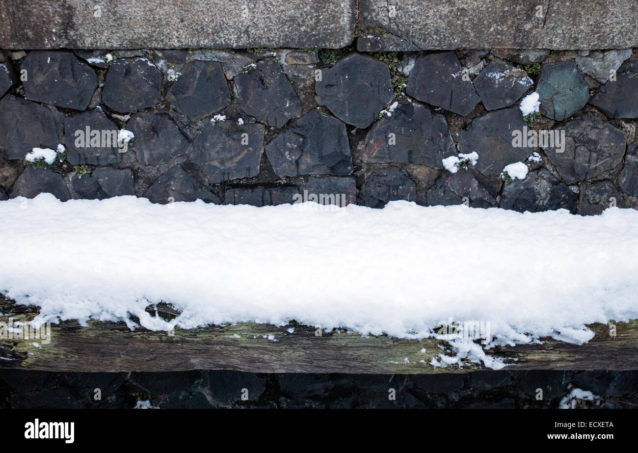 Vertical quay wall with large cobblestones, granite blocks and snow ...